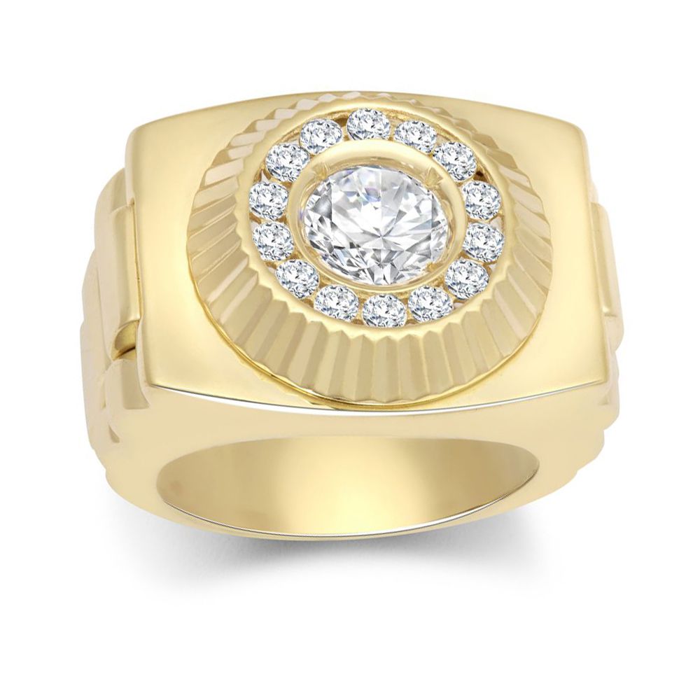 Mens 9ct Gold CZ Fluted Bezel Watch Strap Cluster Solitaire Ring ...